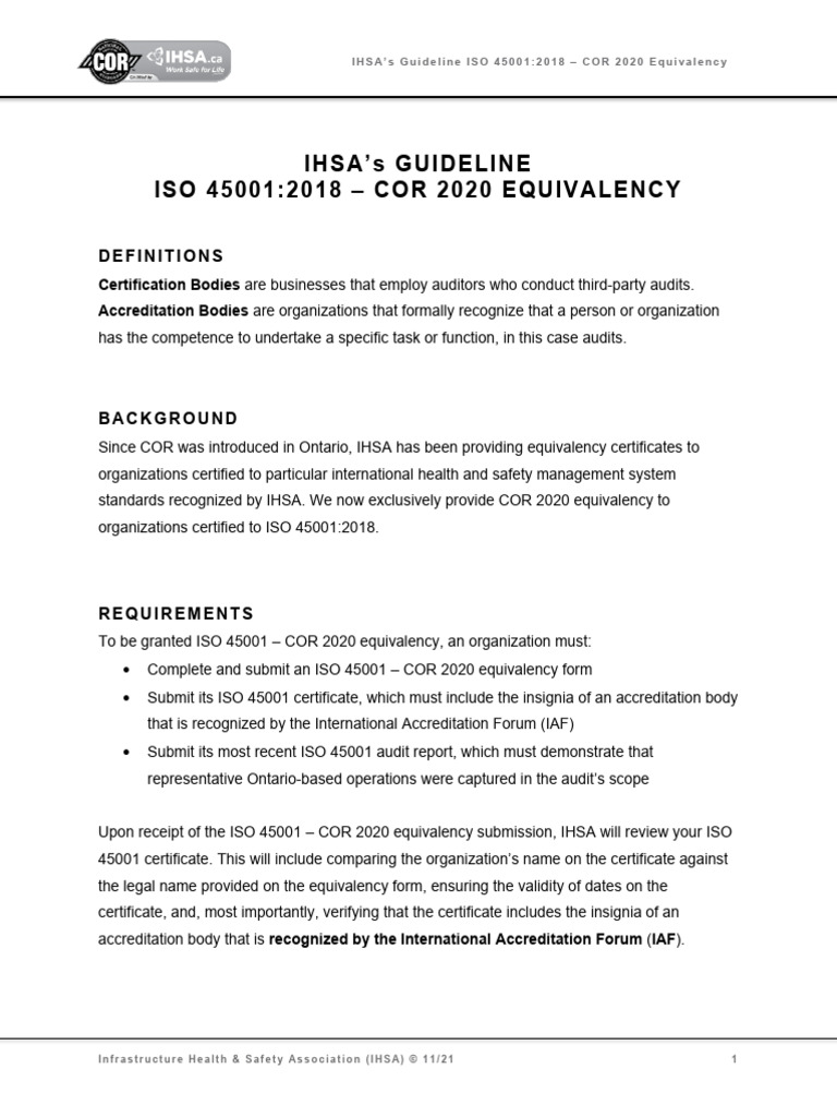 Ihsa Guideline Iso 45001 Cor 2020 Equivalency | PDF