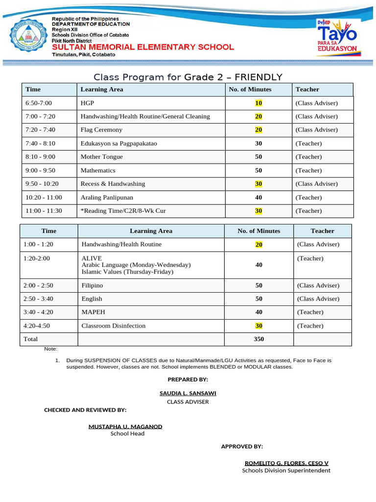 Class Program For Grade 2 FRIENDLY | PDF