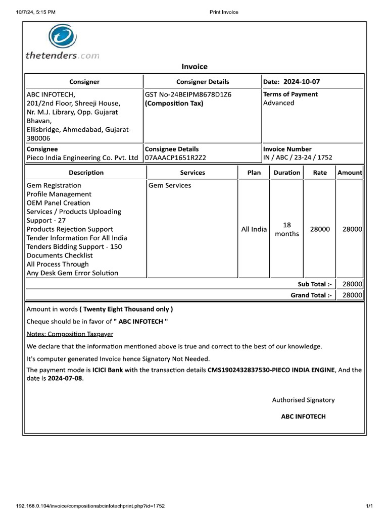 Pieco India Engineering Co. Pvt. Ltd - Invoice | PDF