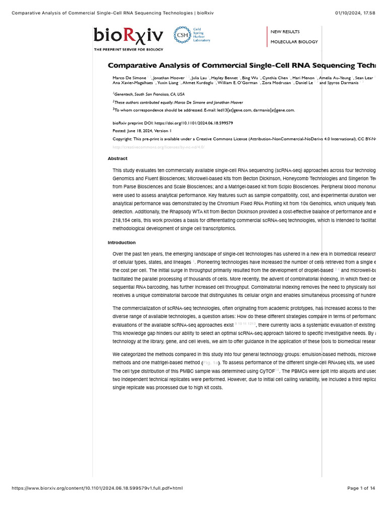 Comparative Analysis of Commercial Single-Cell RNA Sequencing Technologies - BioRxiv | PDF ...