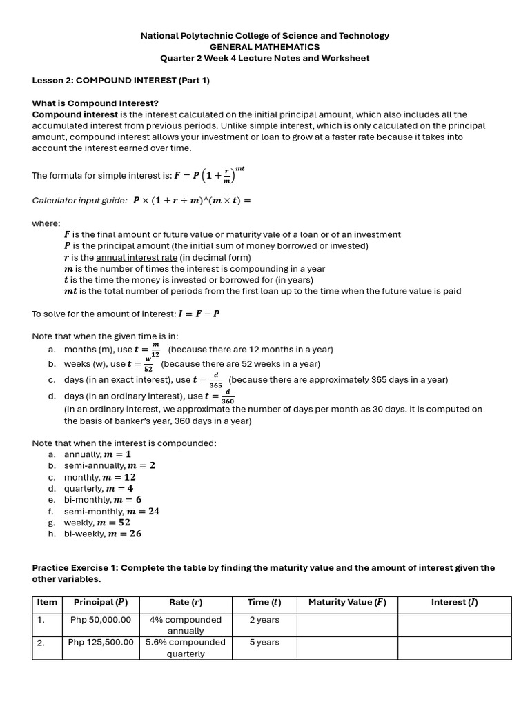 Gen Math Q2 W4 Compound Interest Part I | PDF | Compound Interest | Interest