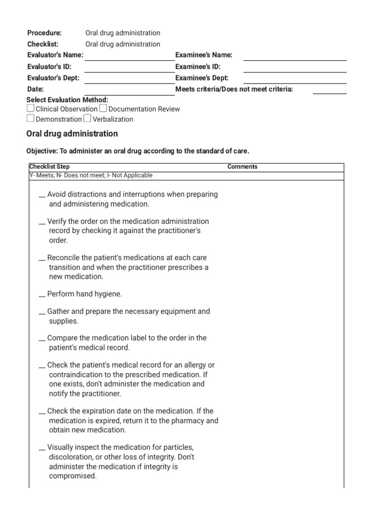 © 2024 Skills Checklist - Oral Drug Administration | PDF | Patient ...