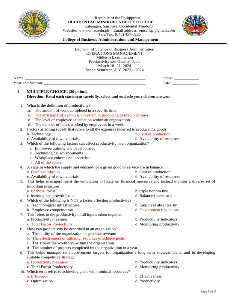 Operations Management Midterm Exam Guide | PDF | Workforce Productivity | Labour Economics