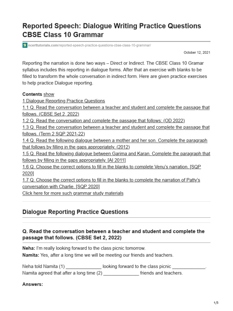 Reported Speech Dialogue Writing Practice Questions CBSE Class 10 ...