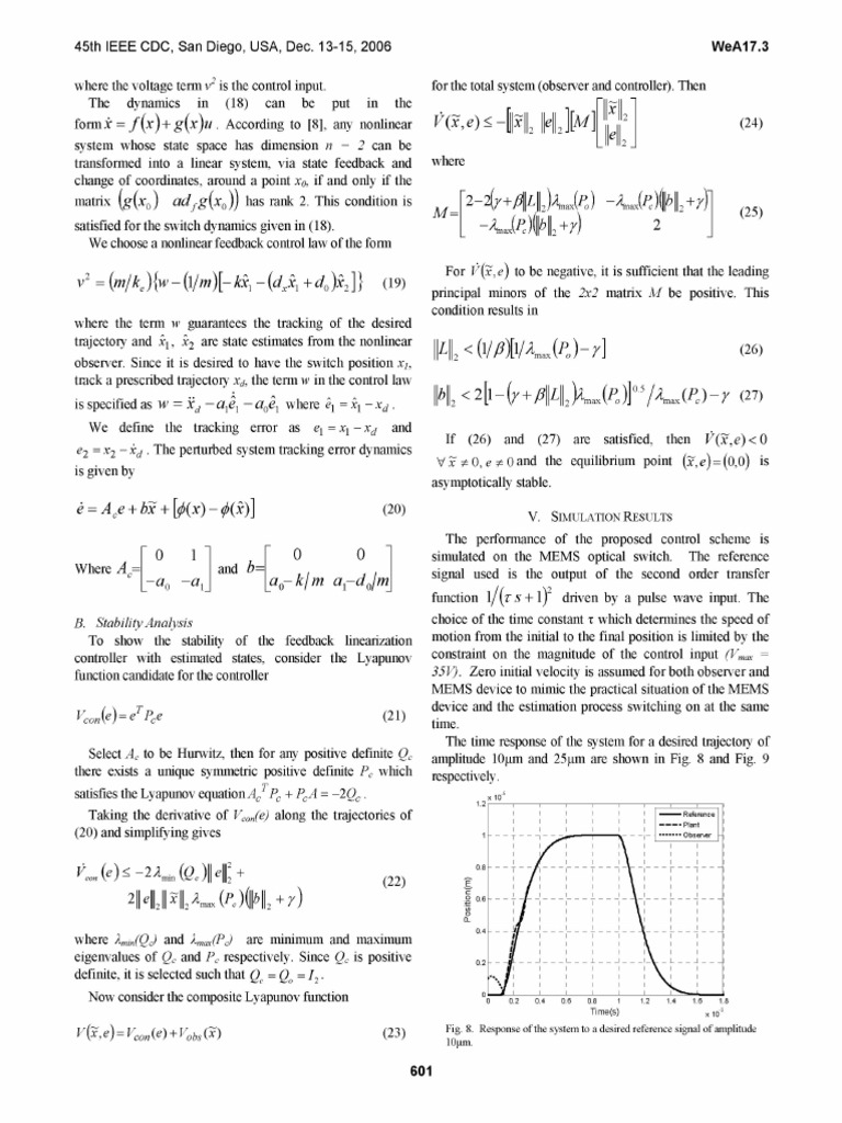 Nonlinear Control of A MEMS Optical Switch - Part5 | PDF | Electrical Engineering | Electronics