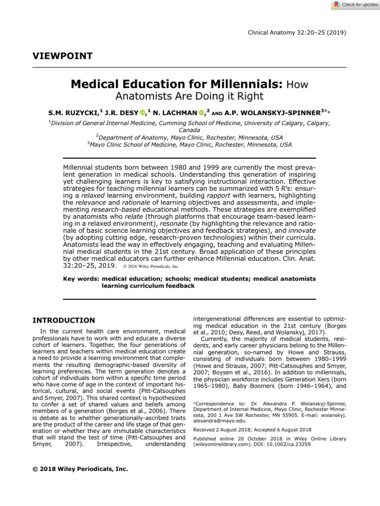 Clinical Anatomy - 2018 - Ruzycki - Medical Education For Millennials How Anatomists Are Doing ...
