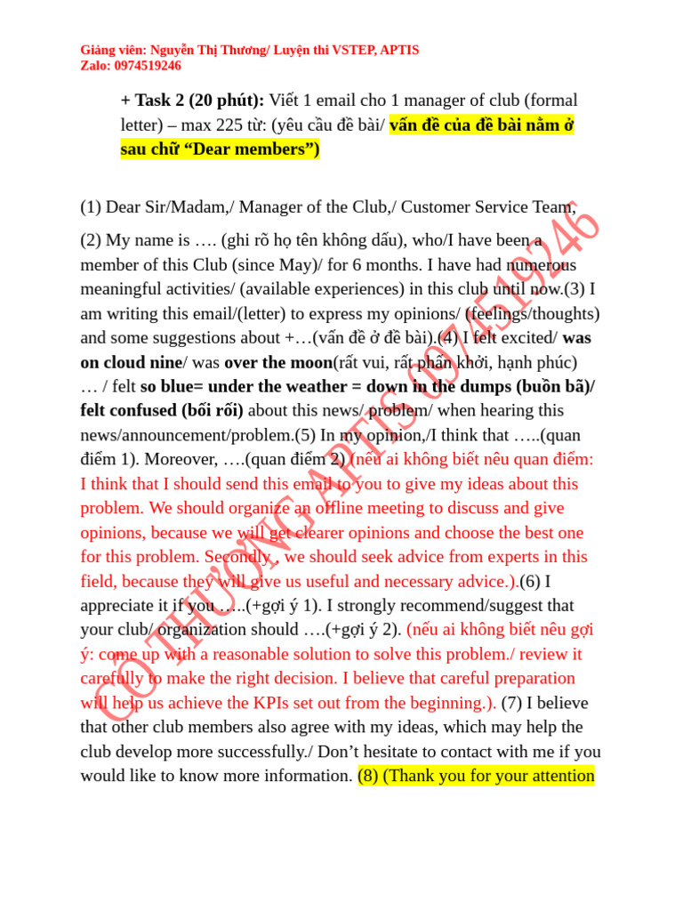 Template For Writing Part 4 - Task 2 (Viết Thư Cho Quản Lí) | PDF