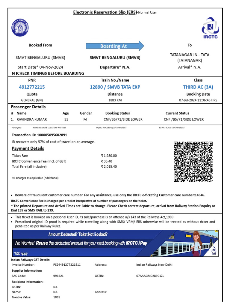 TKT Banglore Tata 4th Nov | PDF | Identity Document | Payments