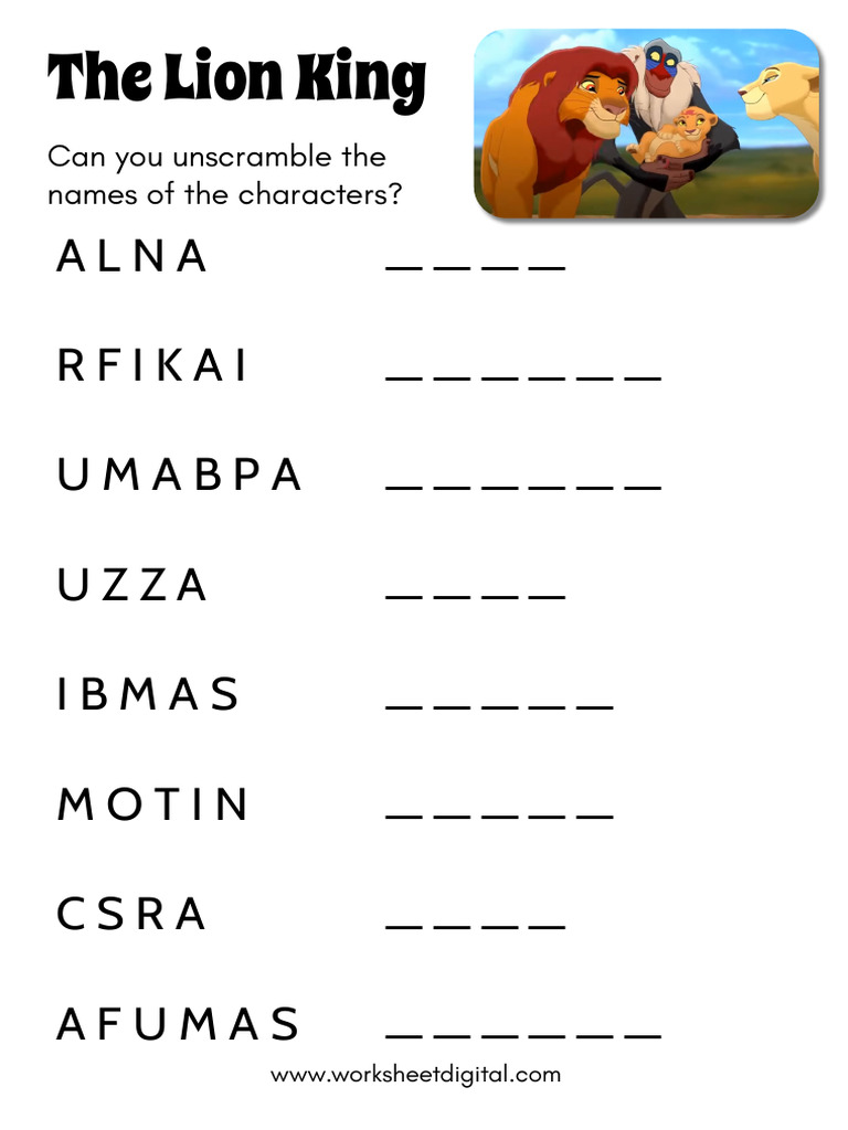 The Lion King Word Scramble Lxijbq | PDF