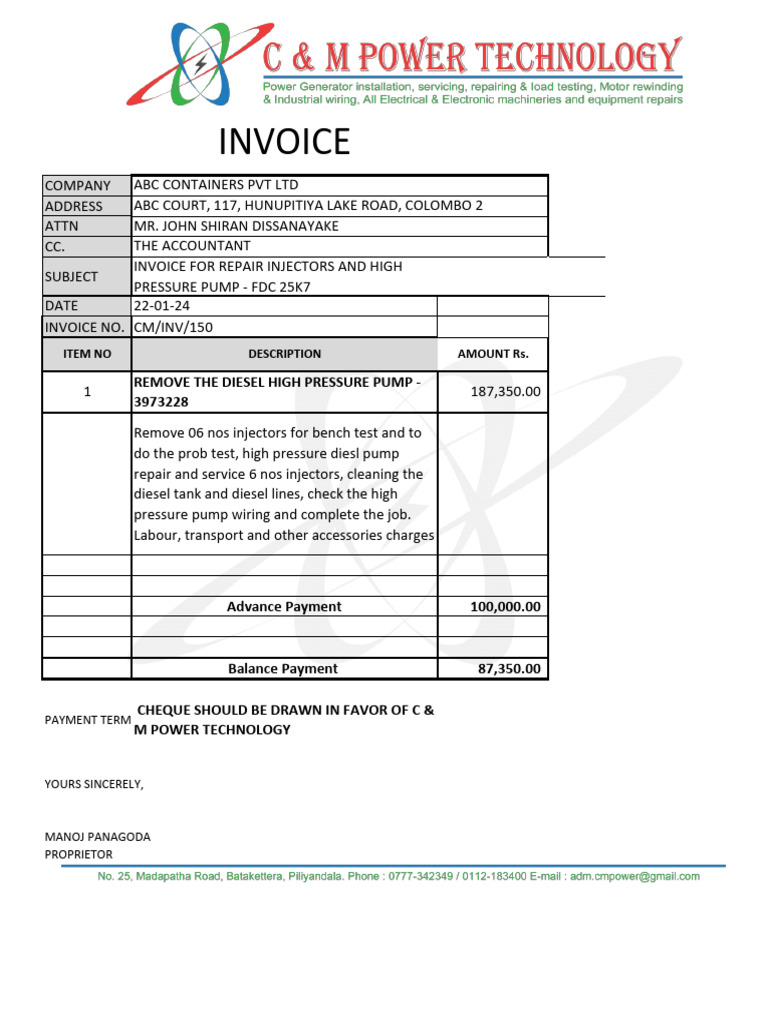Repair Invoice for Injectors | PDF