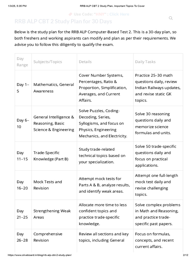 RRB ALP CBT 2: 30-Day Study Plan | PDF | Mathematics | Science