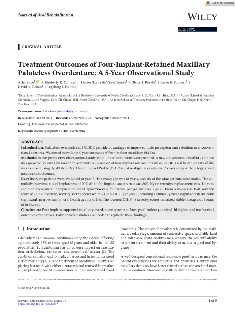 J of Oral Rehabilitation - 2024 - Sude - Treatment Outcomes of Four ...