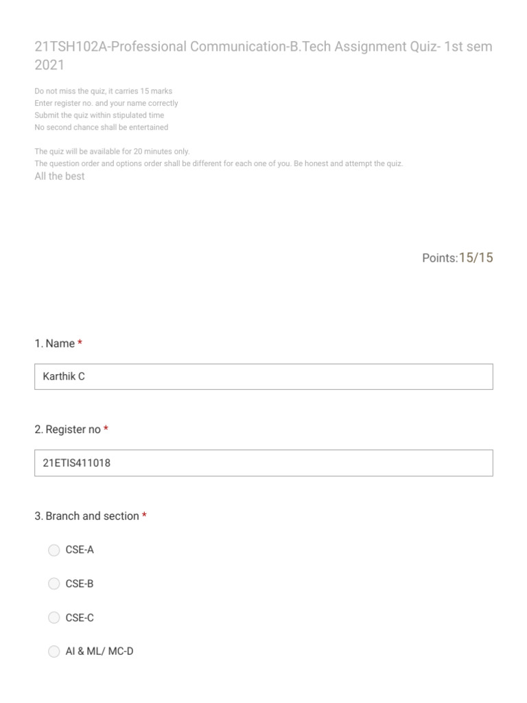 21TSH102A-Professional Communication-B.tech Assignment Quiz - 1st Sem ...