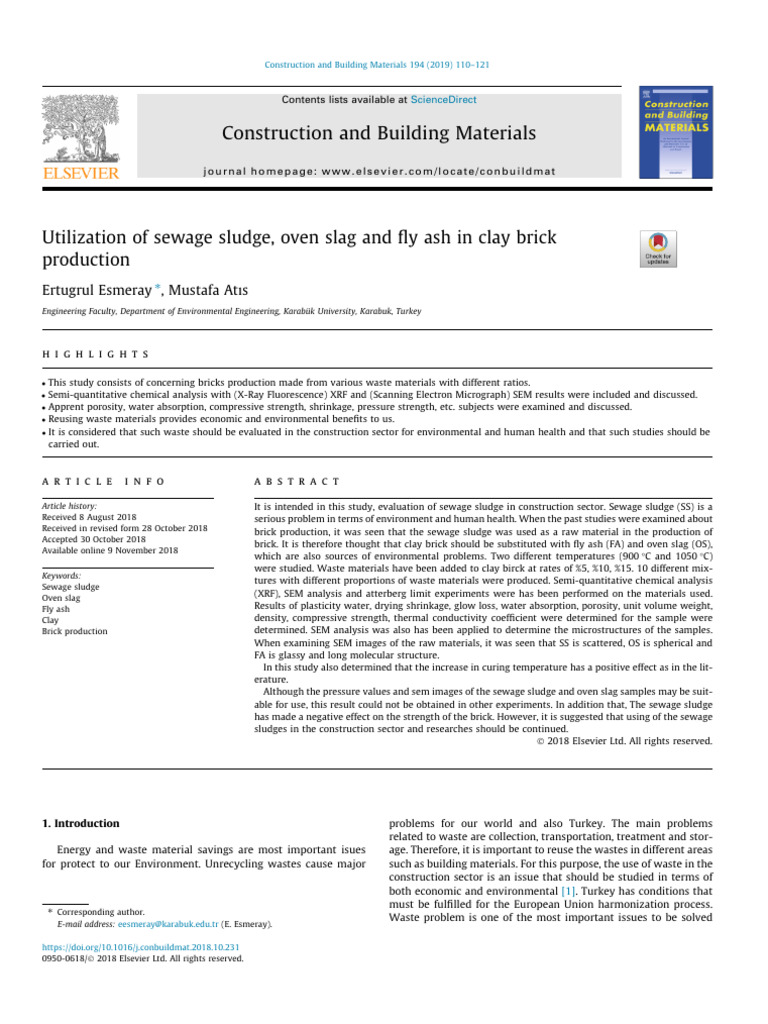 Utilization of sewage sludge, oven slag and fly ash in clay brick production | PDF | Sewage ...