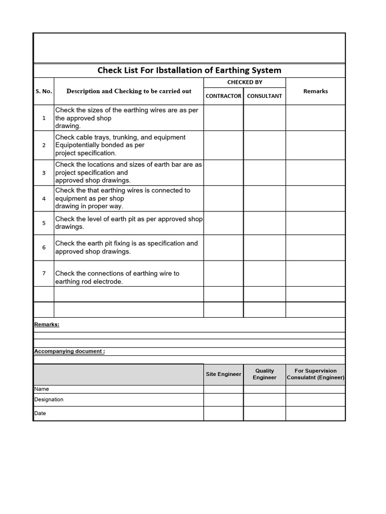 CHECK LIST For EARTHING | PDF