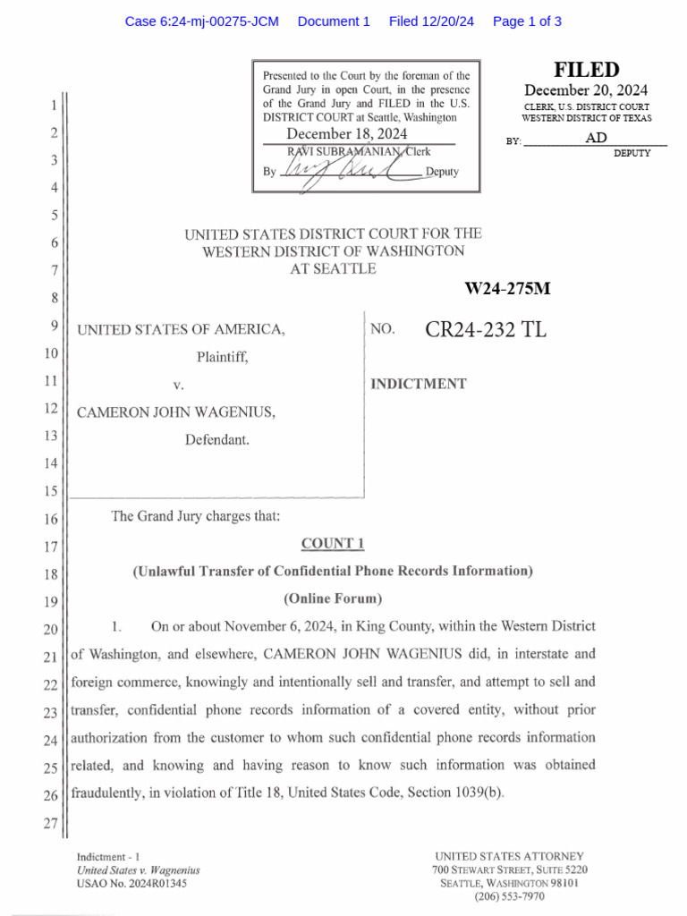 U.S. Army soldier Cameron John Wagenius Indictment | PDF