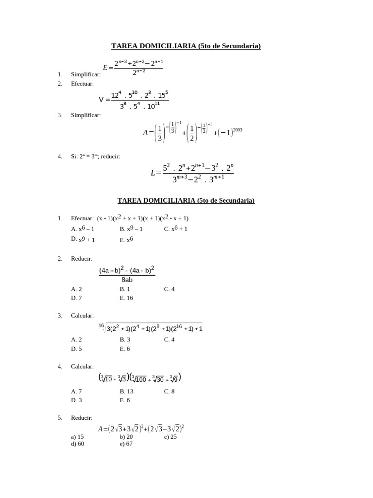 Tareas Álgebra | PDF | Matemáticas | Álgebra