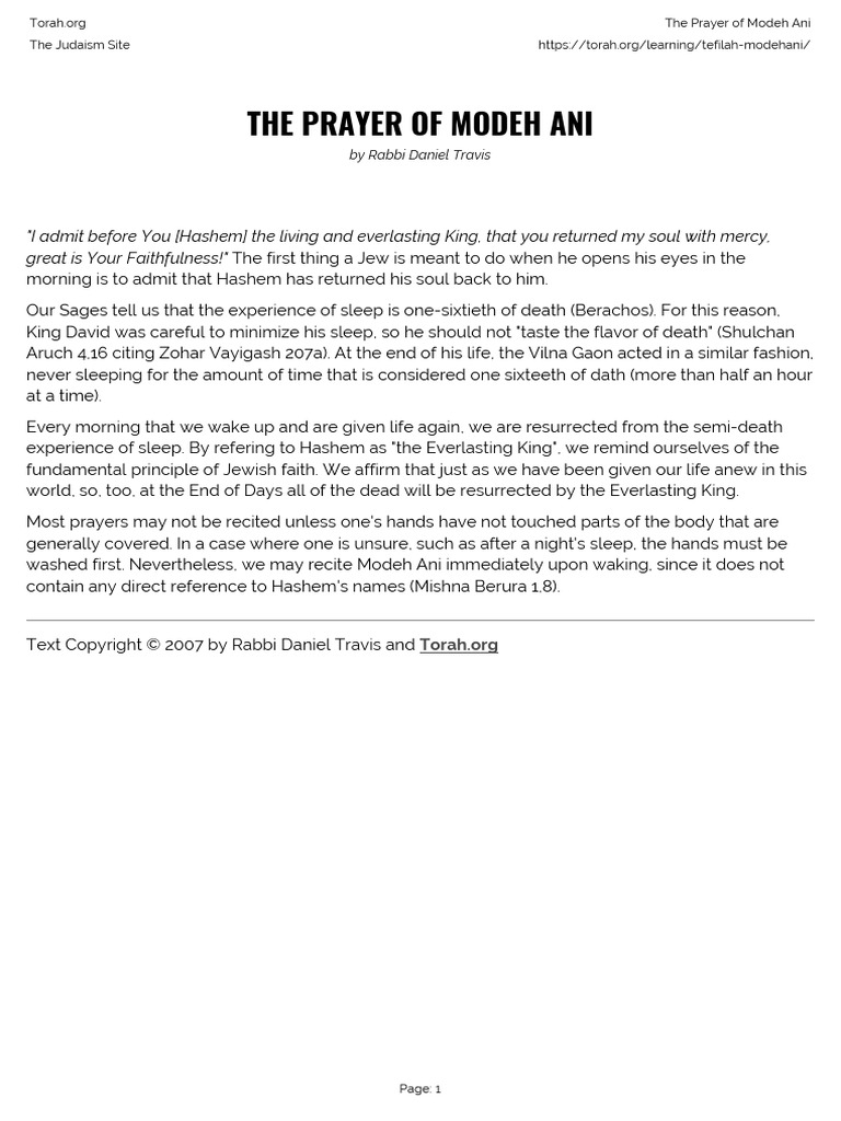 The Prayer of Modeh Ani | PDF