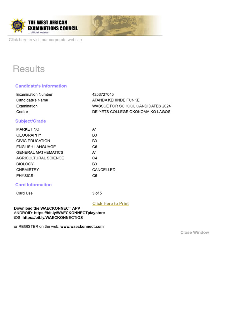 Waecdirect Online - Results | PDF