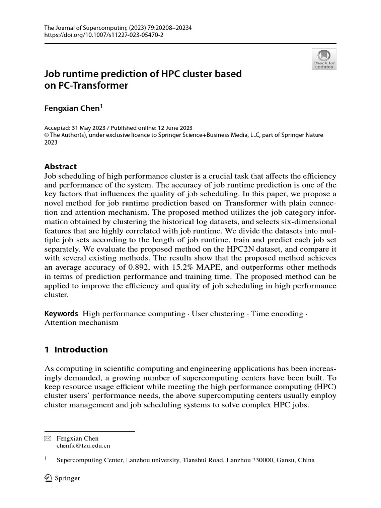 Job Runtime Prediction Of Hpc Cluster Based On Pc Transformer Pdf Artificial Neural Network