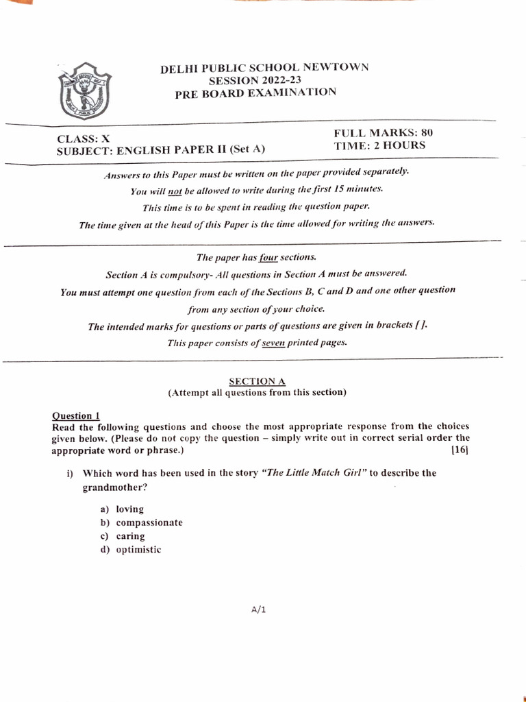DPS Newton Eng Literature Preboard 2023 | PDF