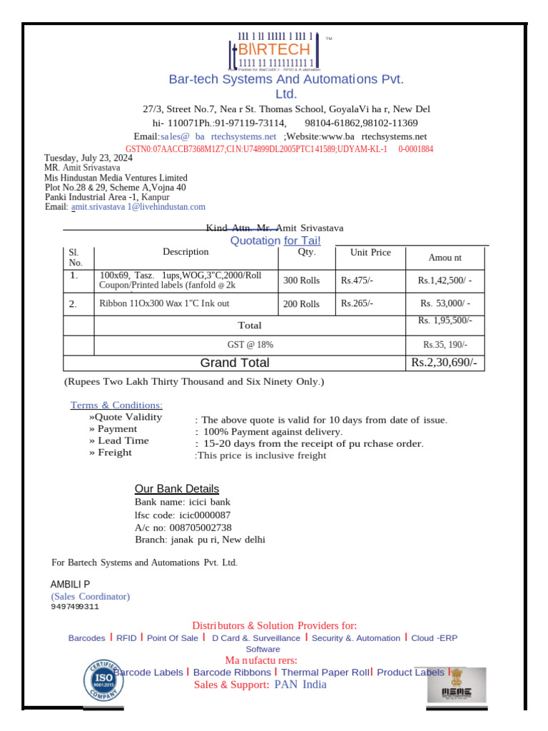 Quotation for Barcode Supplies | PDF