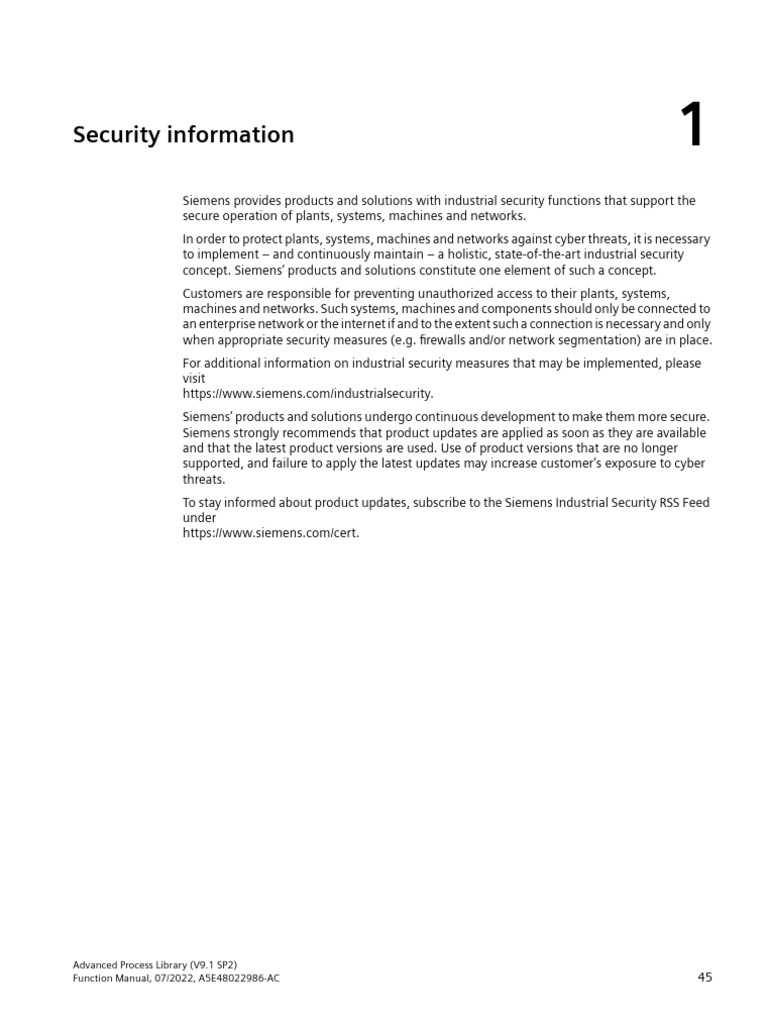 PCS 7 Advanced Process Library (V9.1 SP2) 1-Security Information (45-46 ...