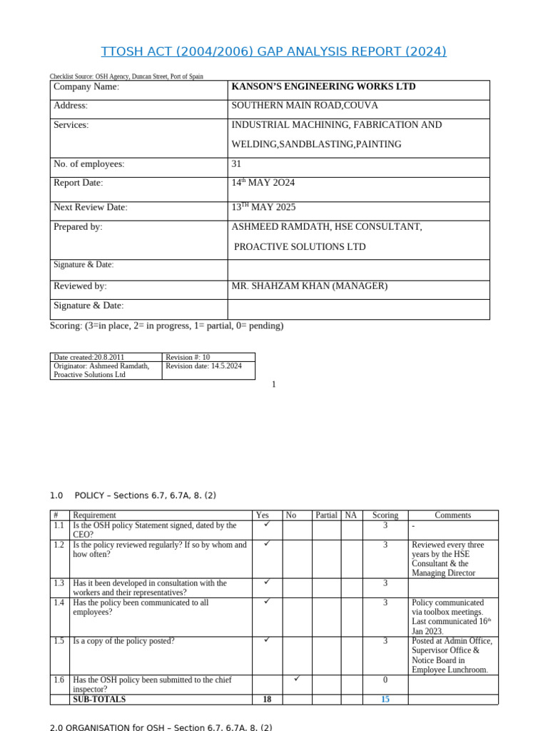 Osh Act Gap Analysis 2024 | PDF | Occupational Safety And Health ...