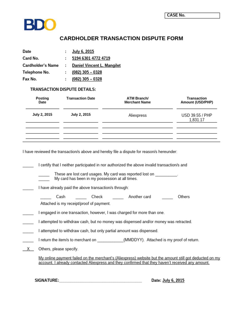 DISPUTE - FORM - ATM - POS Accomplished | PDF