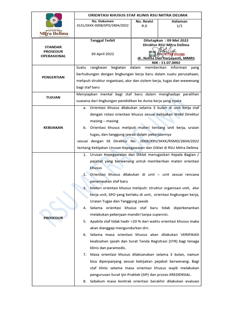 0131 Orientasi Khusus Staf Klinis Rsu Mitra Delima | PDF