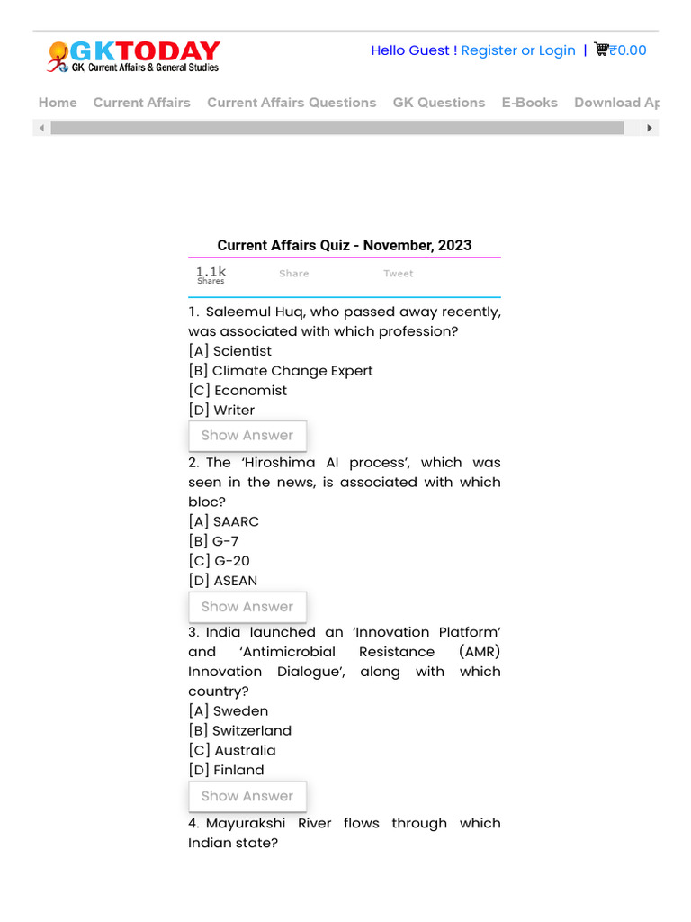 Current Affairs Quiz - November 2023 | PDF