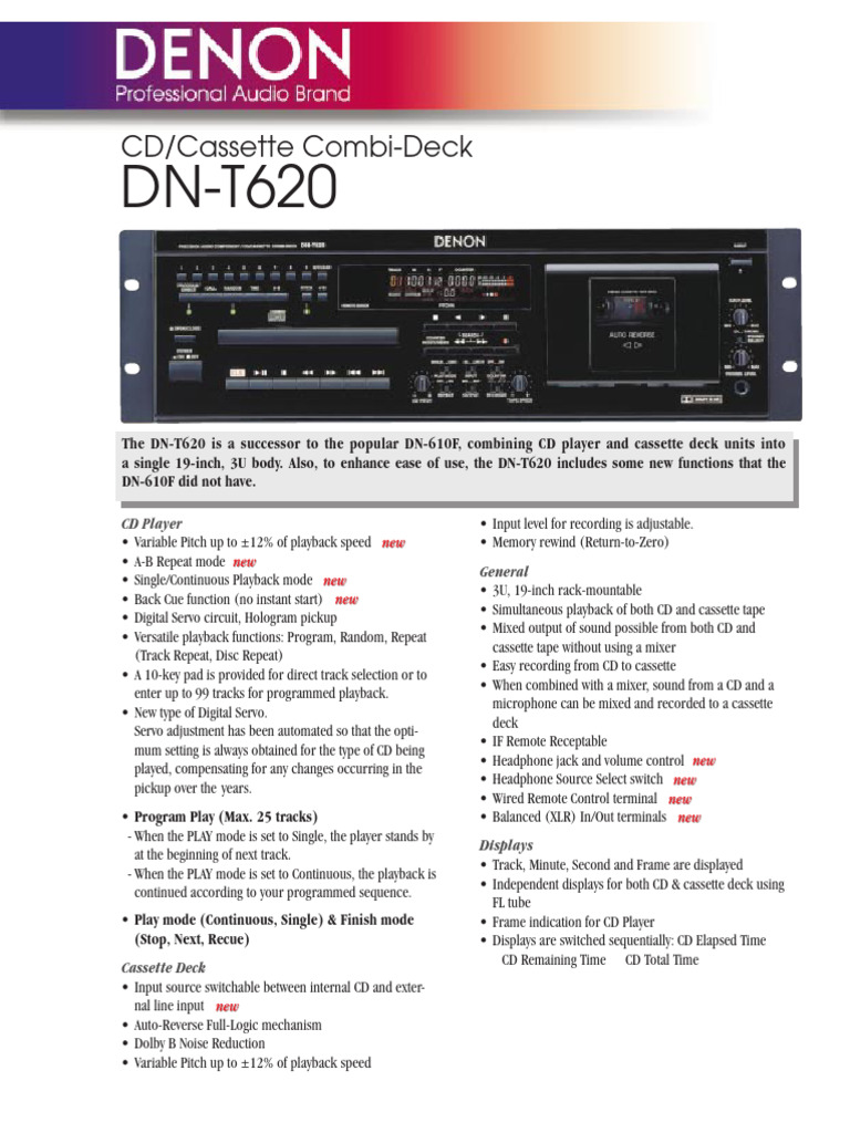 Denon DN T620 Rental Spec Sheet | PDF | Compact Disc | Sound Recording