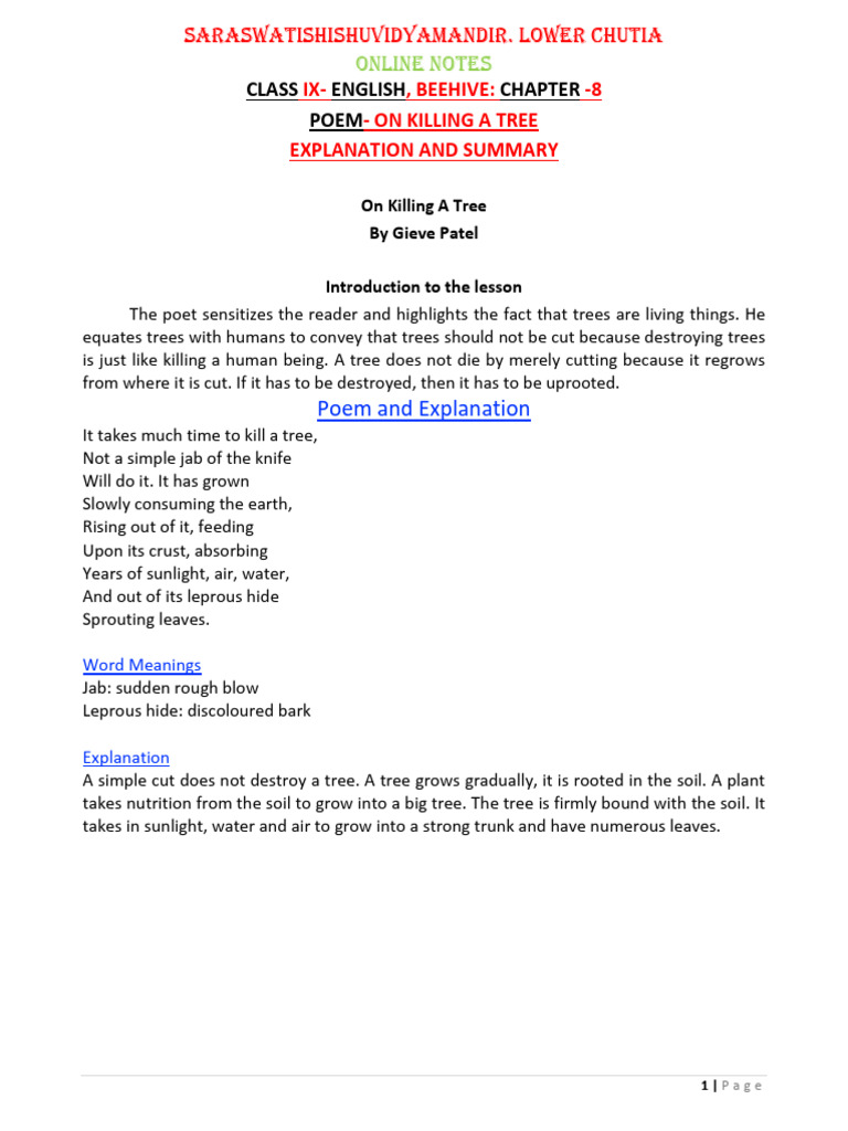 Chapter 8 Poem On Killling A Tree Explanation and Summary IX Beehive-1 | PDF | Trees | Root