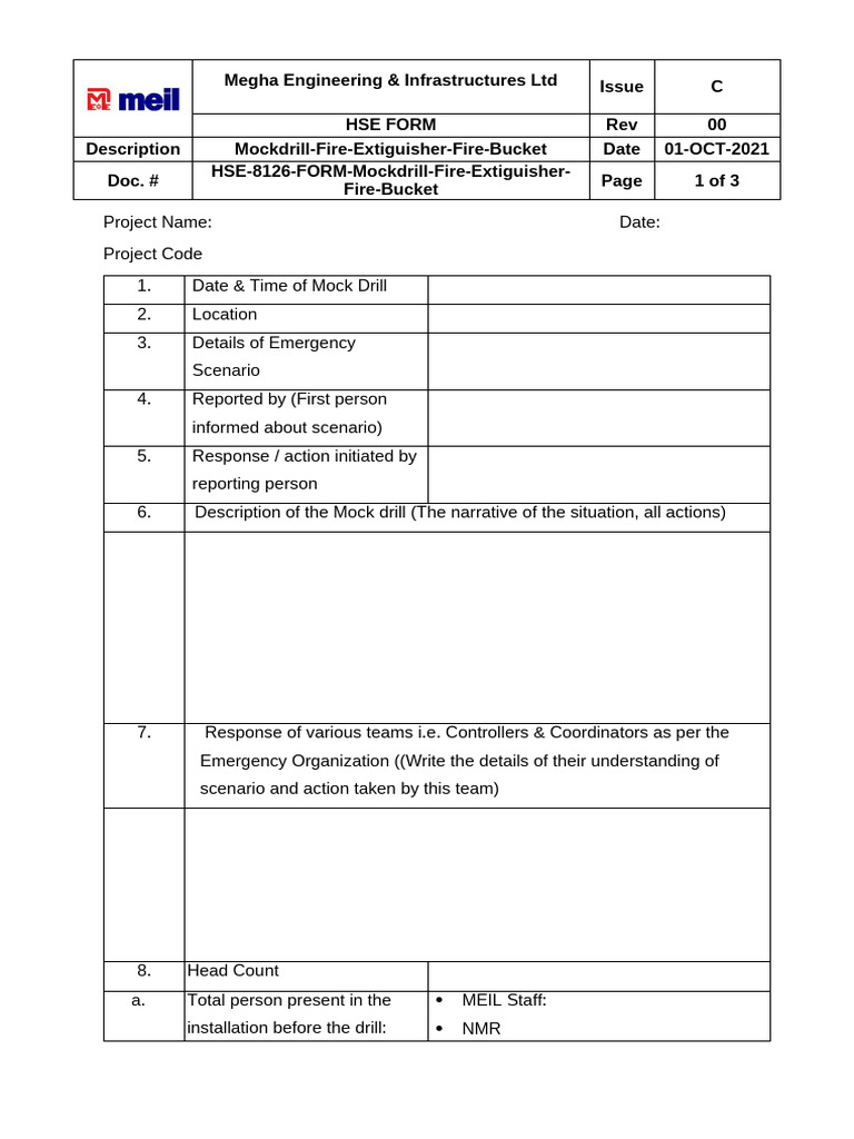 HSE 8126 FORM Mockdrill Fire Extinguisher Fire Bucket 00 | PDF | Public ...
