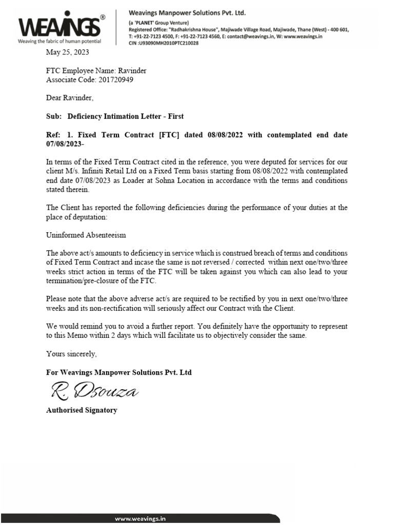 Ravinder First Warning Letter | PDF