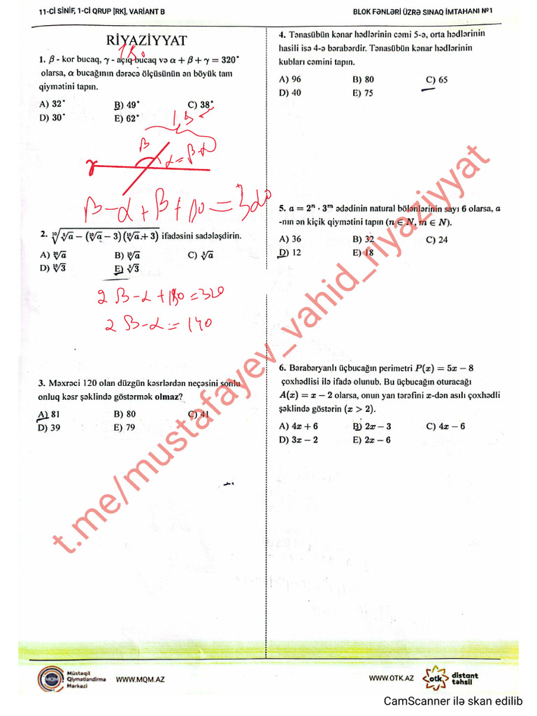 OTK XI sinif I qrup 27.10.2024 + cavablar (Riyaziyyat | PDF