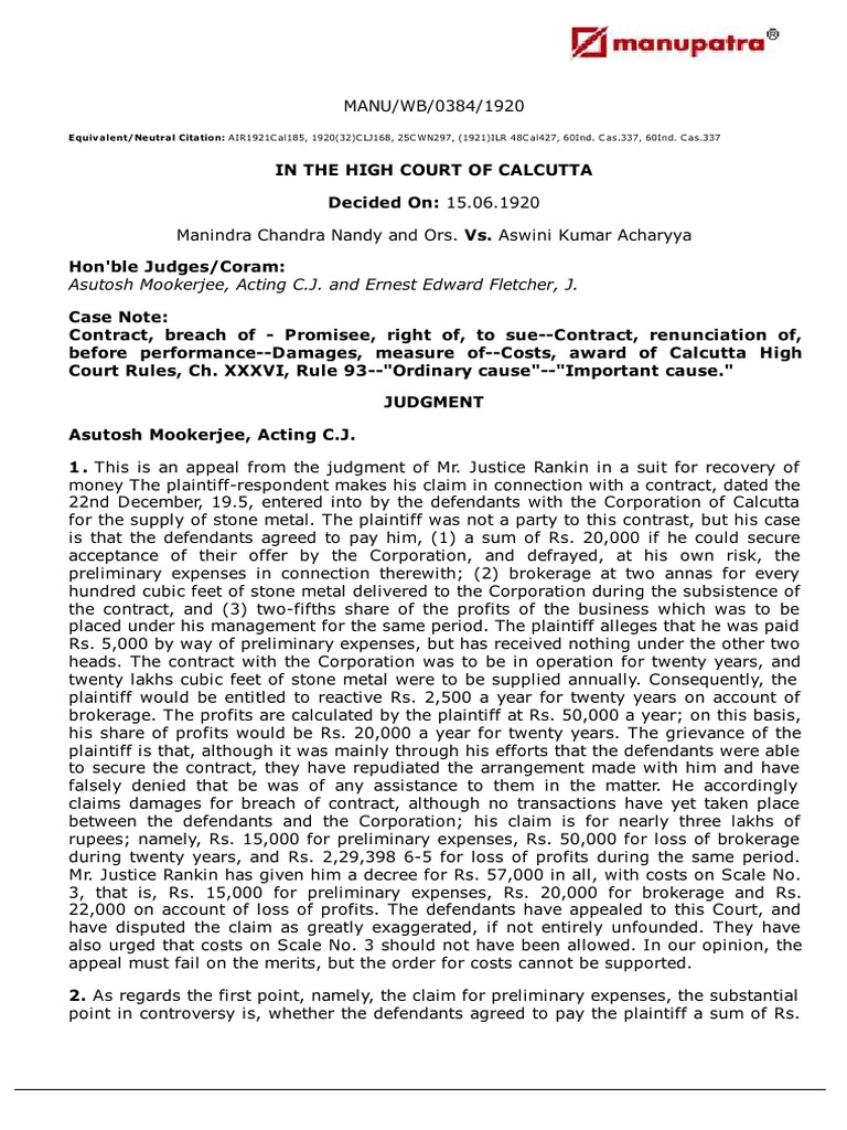 Manindra Chandra Nandy and Ors Vs Aswini Kumar AcW200348COM428725 | PDF ...