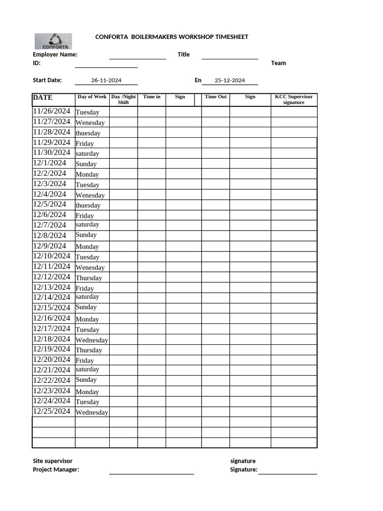 Boilermakers Workshop - Timesheet - December | PDF