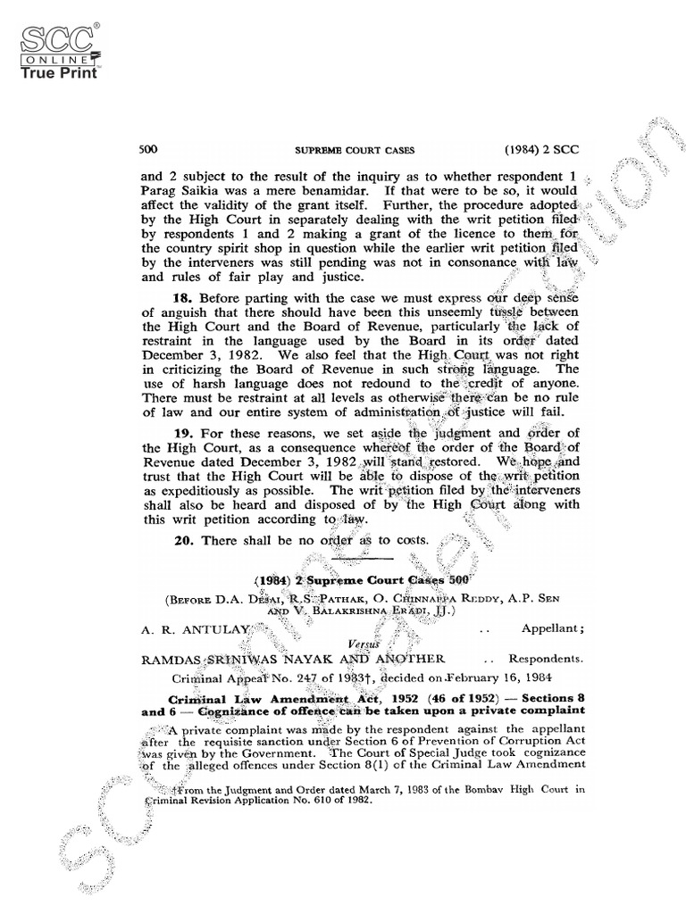 A.R. Antulay v. Ramdas Sriniwas Nayak (SC) | PDF | Judiciaries ...