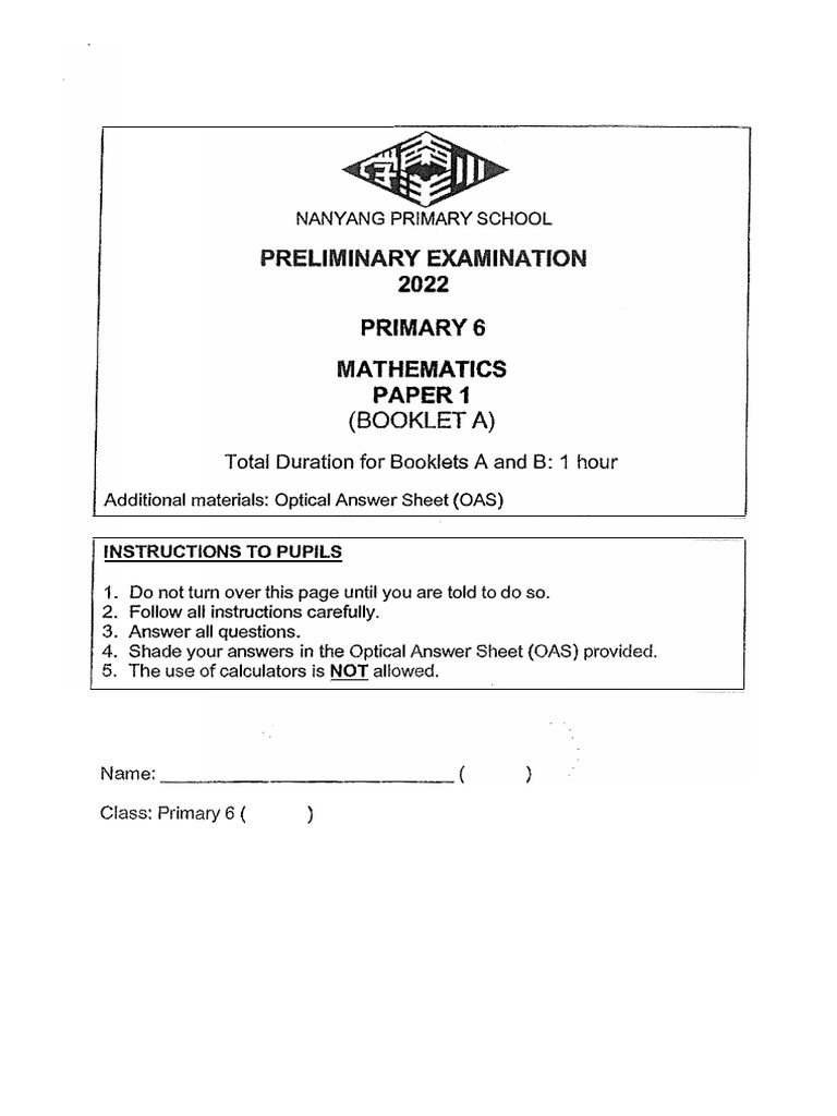 Nanyang Primary P6 Math Exam 2022 | PDF