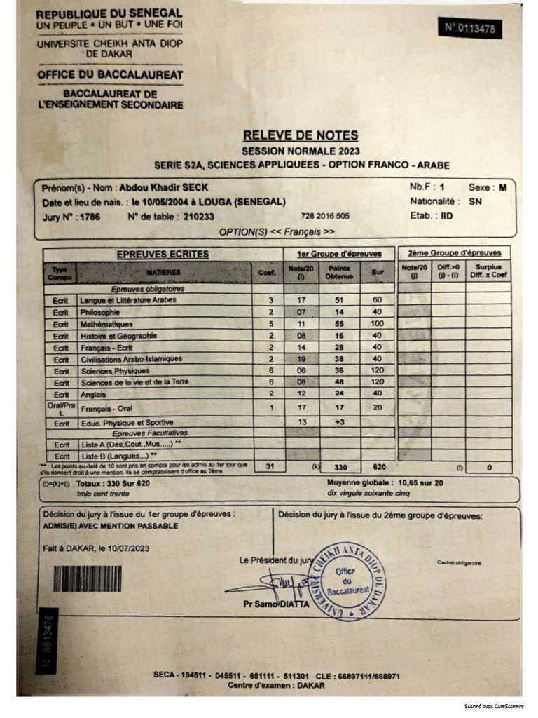 Relevé de notes BAC | PDF