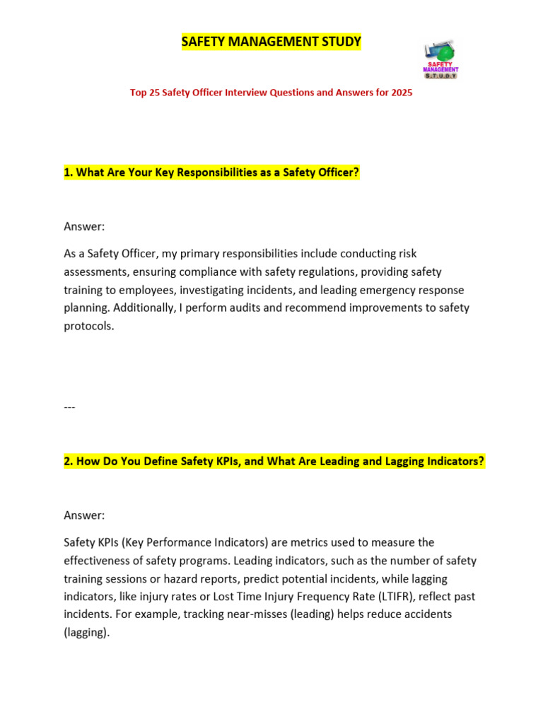 Safety Officer Interview Questions 2025 (Management Level) | PDF ...