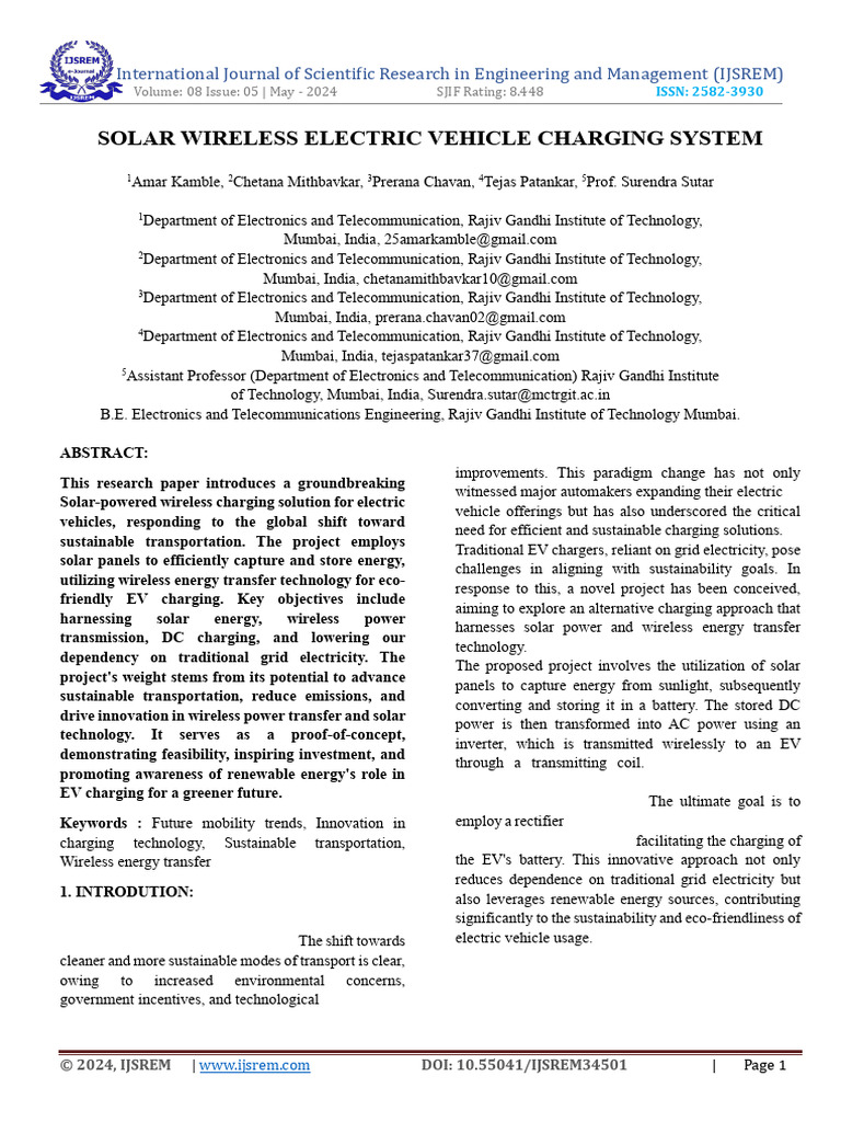 Solar Wireless Electric Vehicle Charging System | PDF | Electric ...