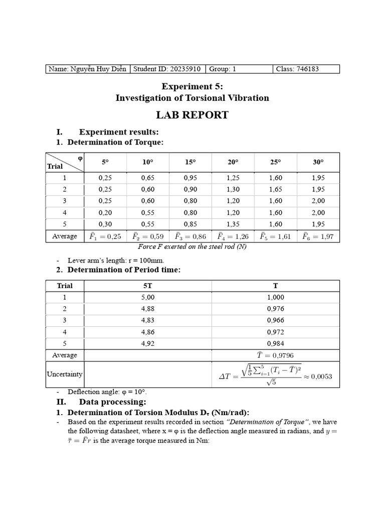 Experiment 5 Report | PDF | Torque | Mechanical Engineering