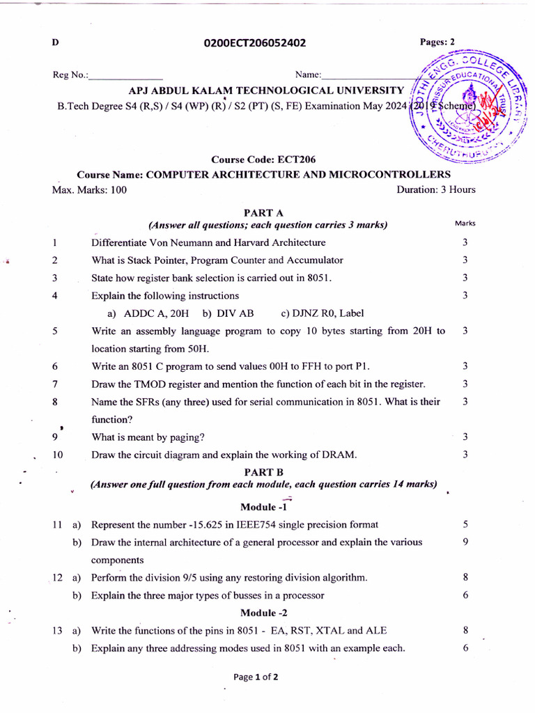 Ect206 Computer Architecture and Microcontrollers May 2024 | PDF | Computer Data | Computer ...