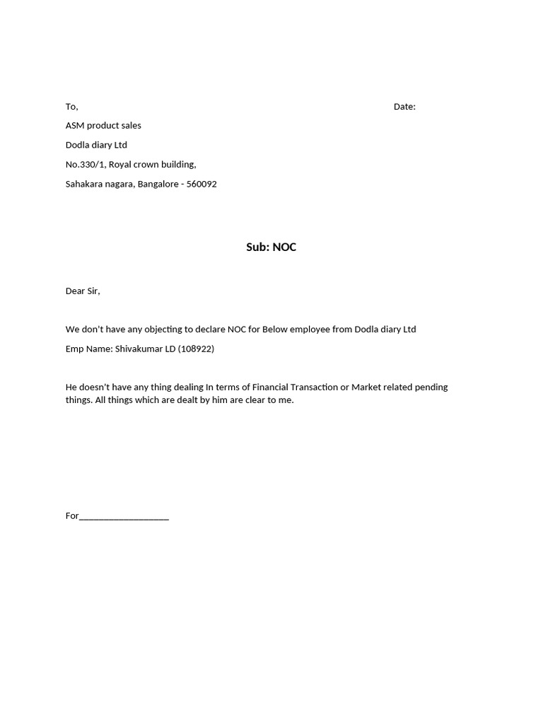 NOC Declaration for Employee Shivakumar LD | PDF
