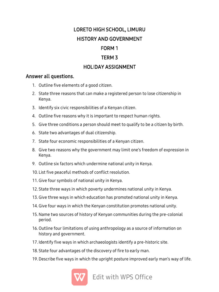 A DOSE of 40 QS Assignments - Form 1 - History | PDF | Kenya | Citizenship