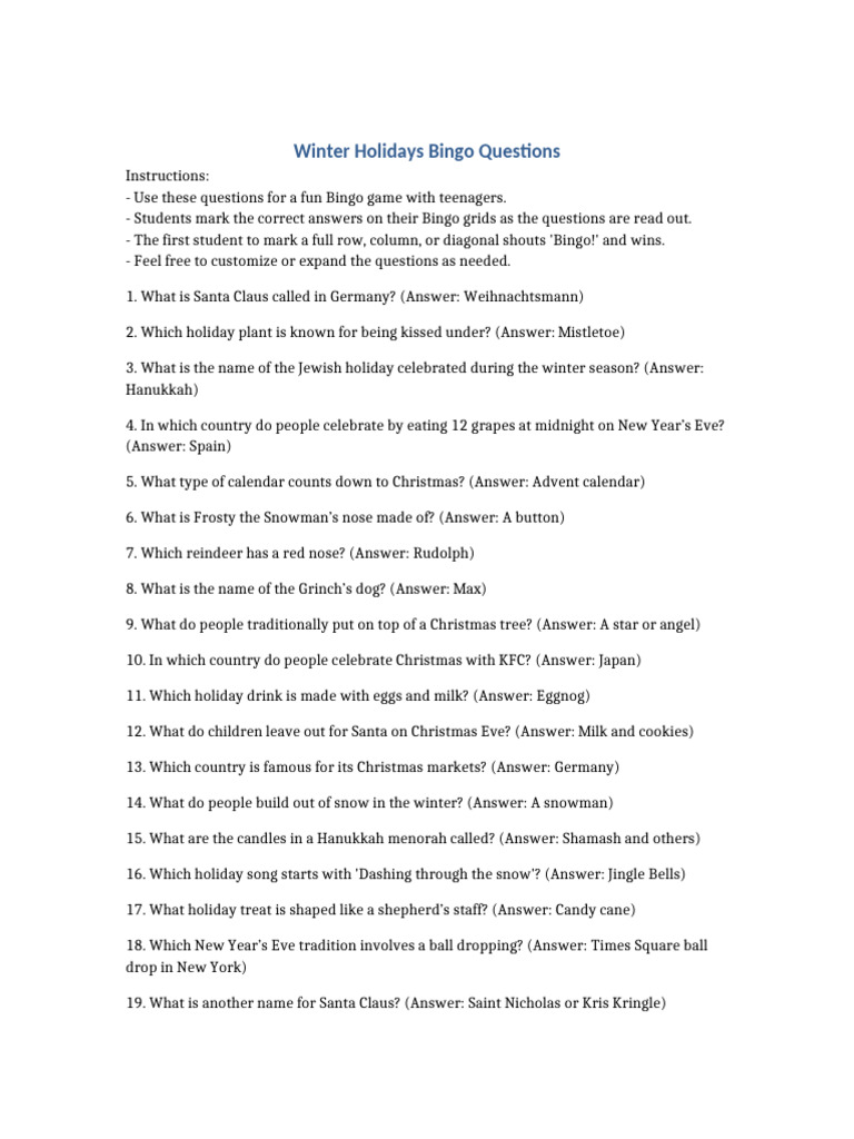 Winter Holidays Bingo Questions | PDF | Christmas | Santa Claus