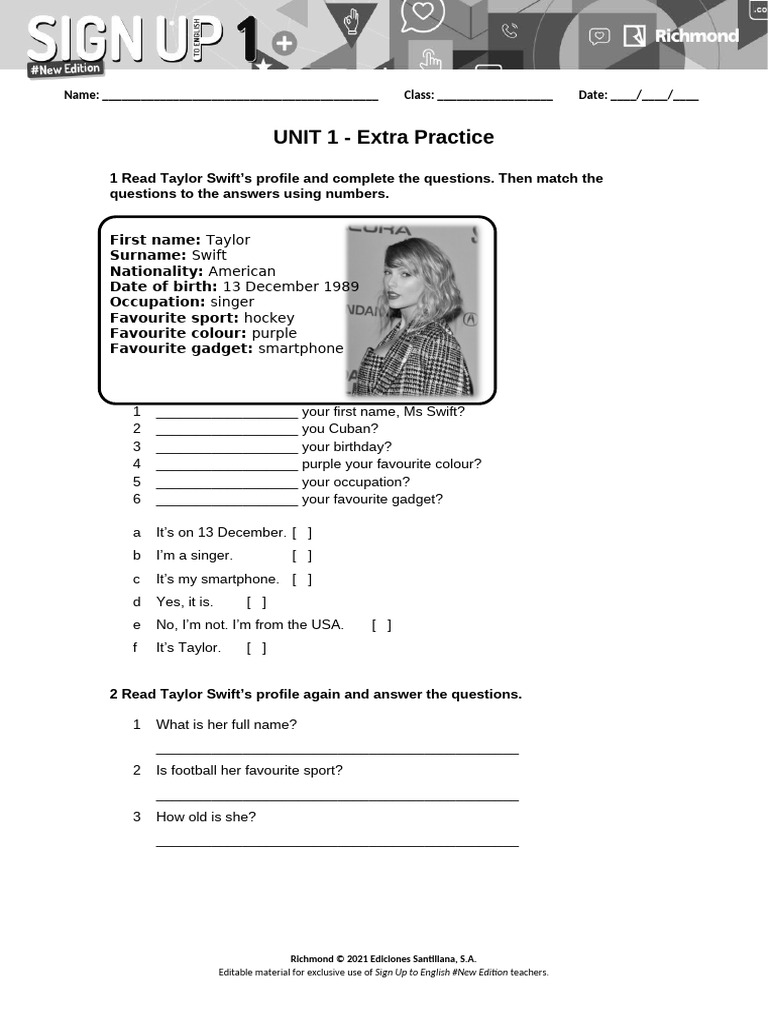 Taylor Swift Profile Practice Worksheet | PDF
