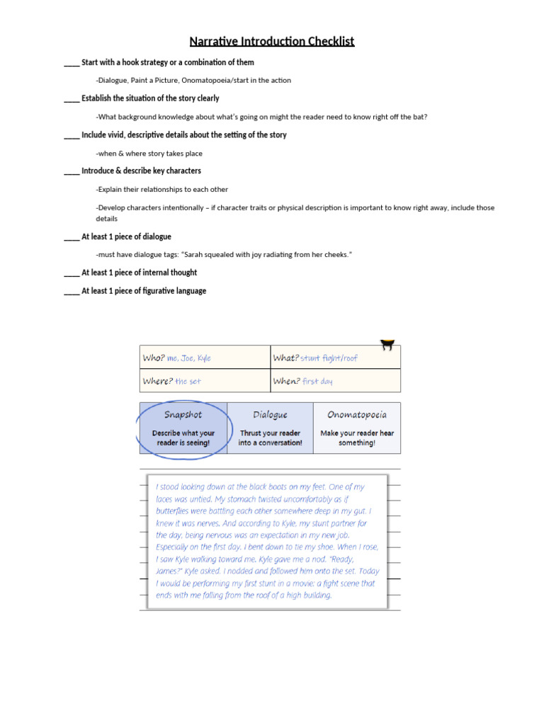 Narrative Introduction Checklist & Examples - (1 - ) | PDF